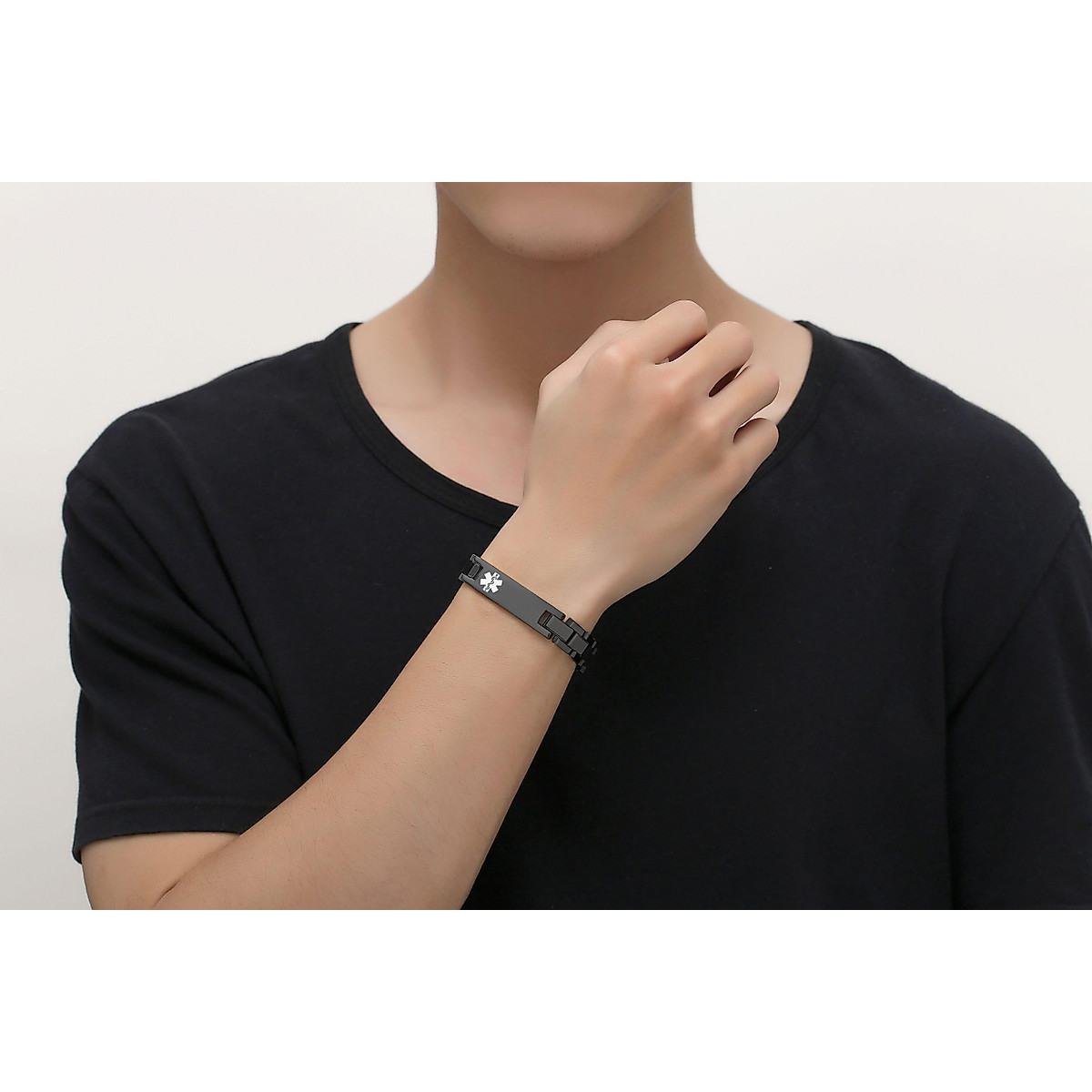 LinnaLove Medical Alert Bracelets for Men Women Titanium Black Medical id Bracelets with Engraving Personalization