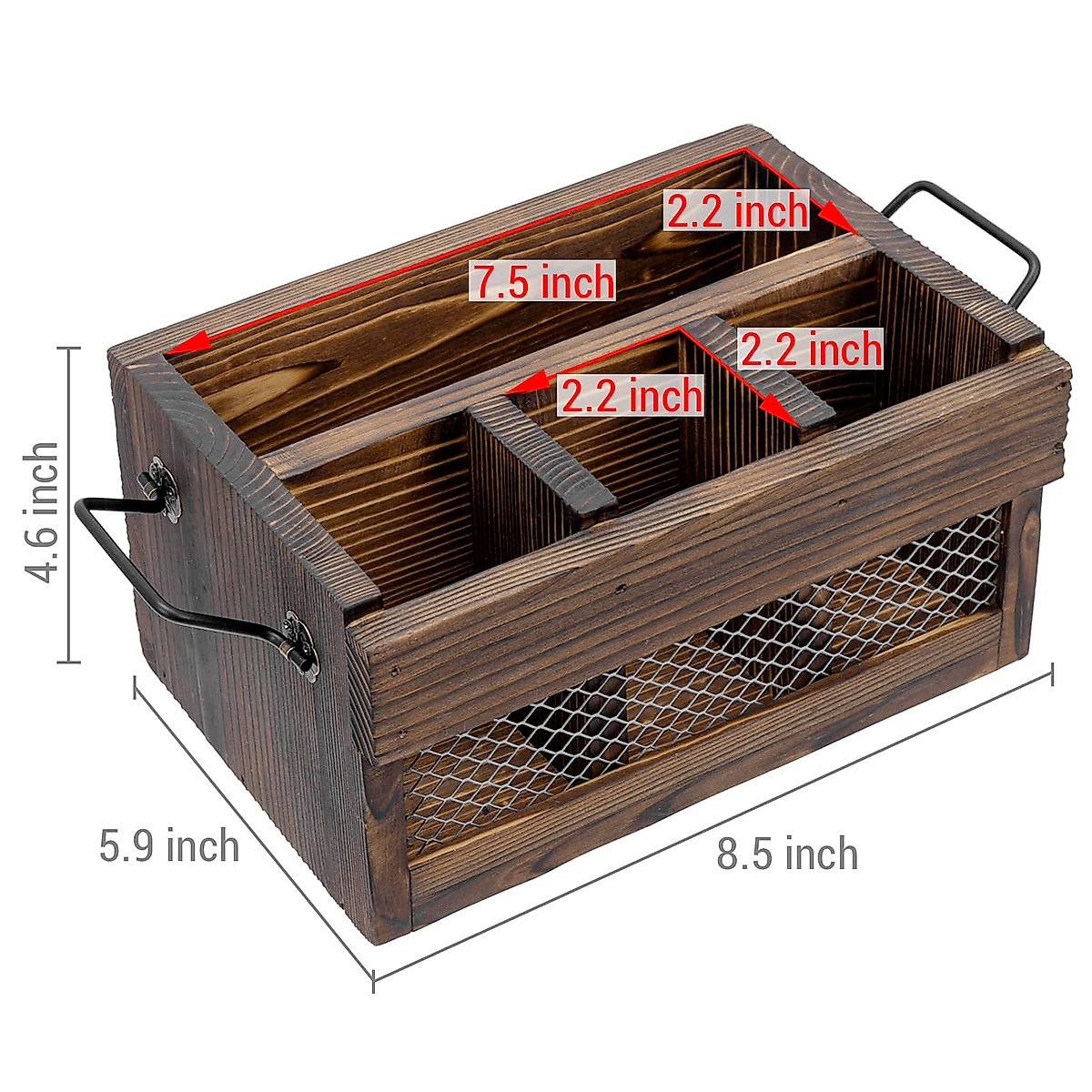 MyGift Rustic Brown Wood Utensil Holder and Napkin Rack with Black Metal Carry Handles and Chicken Wire Front Panel, Dining Flatware Cutlery Storage Caddy