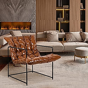 GIA Mid Century Modern Sling Accent Chair for Living Room, Bedroom, and Office, Set of 1, Upholstered in Brown PU Leather with Black Metal Base