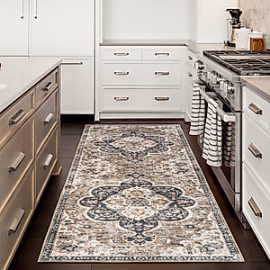 ReaLife Machine Washable Area Rug Runner - Living Room Bedroom Bathroom Kitchen Entryway Office - Non Slip Low Pile Stain Resistant Premium - Boho Farmhouse Vintage - Joy - Brown Beige 2'6" x 6'