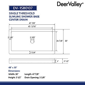 DeerValley DV-1SB0107 48"L X 30"W Shower Base in White with Single Threshold and Center Drain, Center Drain Location, Small Rectangle Acrylic Shower Pan, Non-slip Design