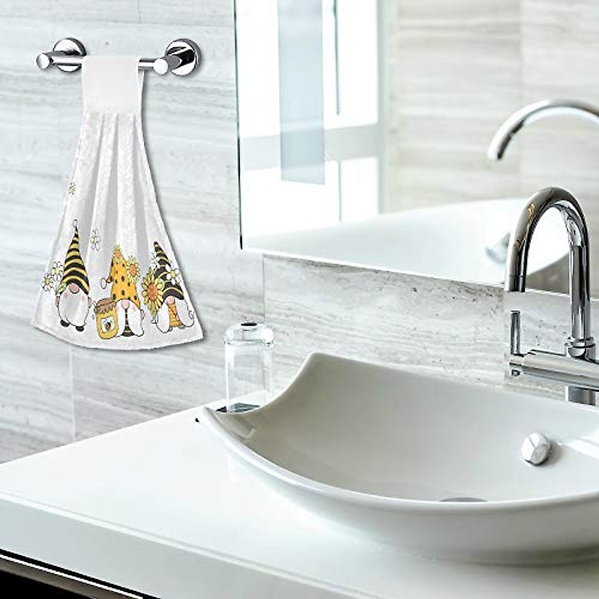 Summer Hanging Kitchen Towels Gnomes Hand Towel Flower 2PCS Dish Cloth Tie Towel Absorbent Oven Stove Washcloth with Loop for Bathroom Home Decorative