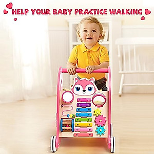 NUKied Wooden Baby Walker Baby Push Walker with Multiple Entertainment Activity Center, Sit-to-Stand Learning Baby Walkers for 9M+ Boys Girls Infants