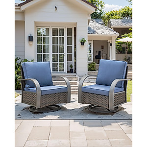 HUMMUH Patio Swivel Glider Outdoor Chair-All Weather Rattan Wicker Patio Swivel Rocking Chairs Porch Chair for Deck Porch Lawn Garden Backyard-Brown/Blue