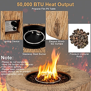 Tangkula 50,000 BTU Gas Fire Pit Table, Patiojoy 40” Round Propane Firepit with Removable Lid, Volcanic Rock & PVC Cover, Outdoor Fire Pit Table with Wood-Like Surface for Patio, Backyard