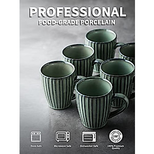 LAUCHUH Coffee Mug Set, Porcelain Fluted Mug 12 Oz Coffee Mugs with Large Handle for Coffee, Tea, Milk, Cocoa, Cereal, Father Day Gifts, Green Framhouse Style for Christmas, Set of 6