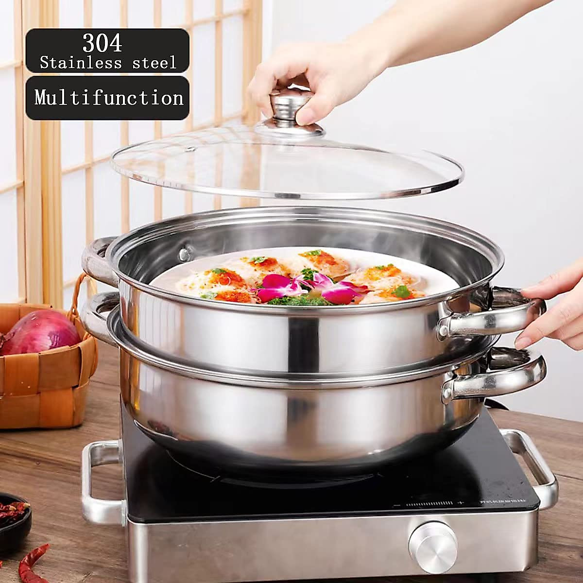 Steamer for Cooking, 18/8 Stainless Steel Steamer Pot, Food Steamer 11 inch Steam Pots with Lid 2-tier for Cooking Vegetables, Seafood, Soups, Stews and Pasta
