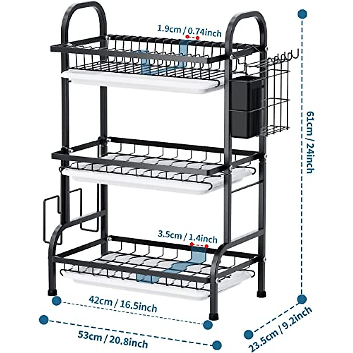 DUANFEE Dish Drying Rack for Kitchen Counter, 3 Tier Dish Rack with Drainboard, Large Dishes Racks Rustproof Dish Dryer Rack, Black