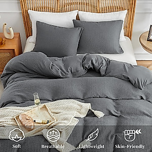 WARMDERN Waffle Weave Duvet Cover Queen Size, Grey Textured Duvet Cover Set, Soft and Breathable Comforter Cover, 3 Pieces Microfiber Bedding Set with Zipper for All Season(Grey,Queen)