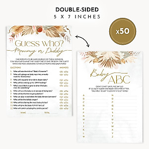 Printperie Pampas Grass Baby Shower Games for 50 Guests, 6 Games Double-Sided Cards, Boho Gender Neutral for Boys or Girls