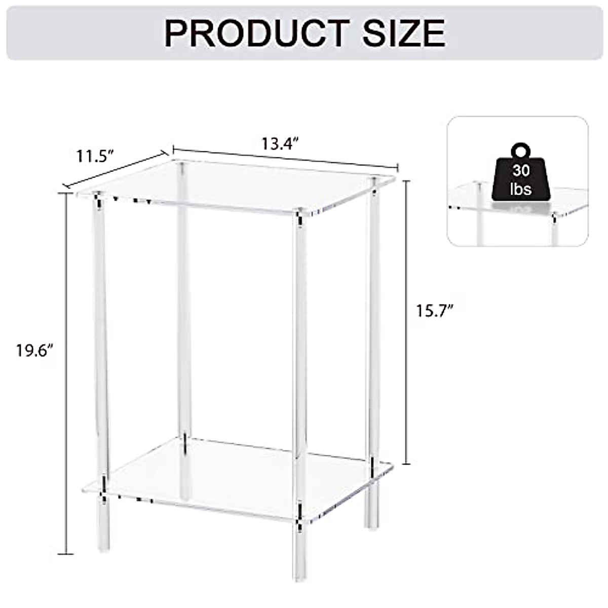 Aquiver Small Acrylic Side Table - 13.4'' L x 11.5'' W x 19.6'' H Clear Nightstand - 2 Tiers Small End Table Bedside Table for Living Room, Bedroom