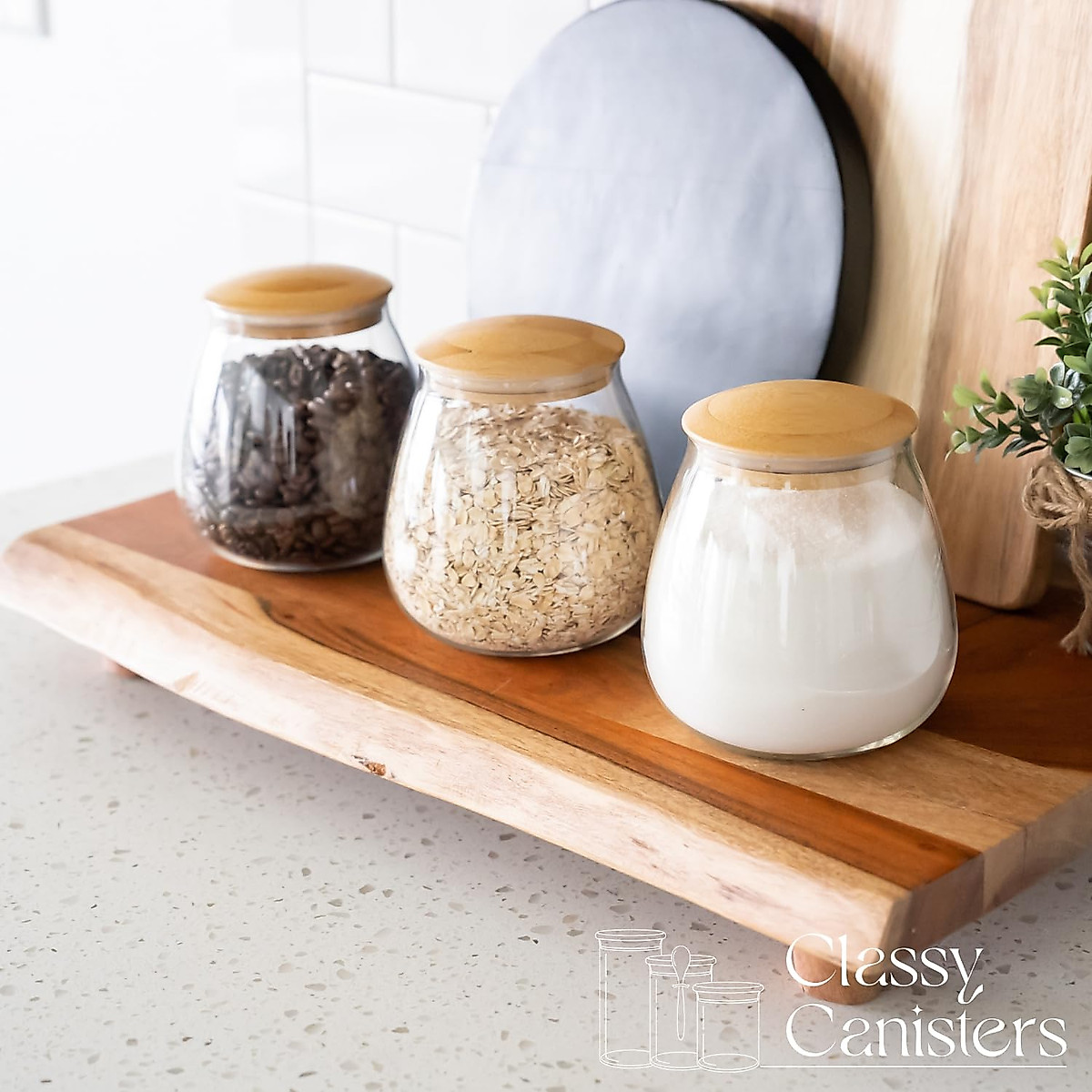 Set of 3 Round Glass Jars With Bamboo Lids - Modern, Glass Storage Containers for Coffee, Sugar, Candy, Rice, Pasta & More - Decorative 29 Ounce Borosilicate Glass Canisters With Airtight Lids