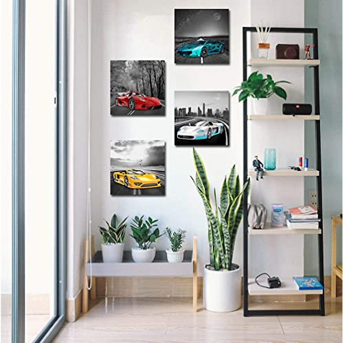 Car Pictures Black and White Wall Art Racing Car Canvas Prints for Men Teen Boys Room Sports Car Wall Decor 12 x 12 Inches 4 Pieces