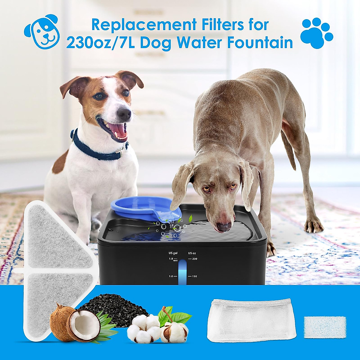 6 Pack Cat Water Fountain Filter Replacement Filter&Sponge&Filter Bag for 230oz/7L Pet Water Fountains