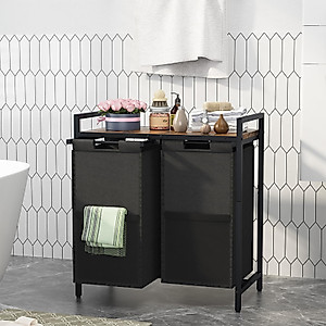 Huhote Laundry Hamper, double Laundry Basket, Laundry Sorter with Top Shelf & 2 Removable Washable Bags & Side Pockets for Laundry Room organization, Bathroom and Dorm, Rustic Brown and Black.