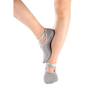 Teebulen Women's and Girl's 2 Pairs Grey with Silver Glitter Padded Anti Skid Non Slip Yoga Socks with Grips for Barre Pilate Ballet,Size 4-8