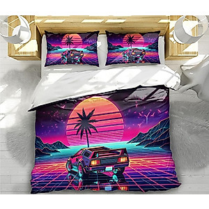 NEWAKI Synthwave Neon Miami Style Duvet Cover Set - 3D Digital Print Ultra-Soft Microfiber, 3 Piece Bedding Set with Zipper Closure, Includes 1 Comforter Cover and 2 Pillowcases (Full (79"x90"),01)