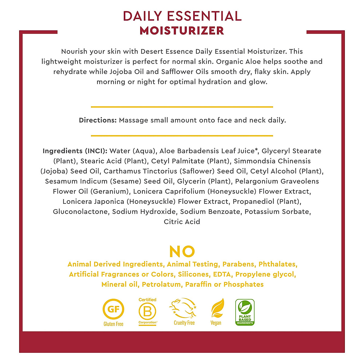 Desert Essence Daily Essential Moisturizer - Nourishing Jojoba, Organic Aloe Vera, Safflower & Geranium Oil - Light-Weight Soothing, Softening Facial Cream - Vegan, Non-GMO, Sulfate & SLS Free - 4oz