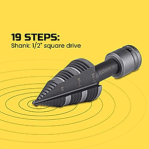 Lichamp Unibit Step Drill Bit for Metal, Genuine HSS M2 Impact Wrench Stepper Bit for Hard Metal Heavy Duty, 19 Sizes from 3/16" to 1-3/8", Dual Straight Grooved with 1/2" Square Drive, A5BK