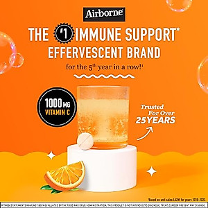Airborne 1000mg Vitamin C with Zinc, SUGAR FREE Effervescent Tablets, Immune Support Supplement with Powerful Antioxidants Vitamins A C & E - 30 Fizzy Drink Tablets, Zesty Orange Flavor