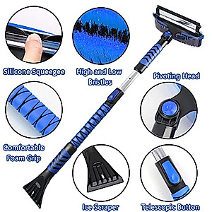 Yuntcsz 42" Snow Brush and Detachable Ice Scraper for Car Windshield with Squeegee, Extendable Aluminum Handle, 180° Pivoting Bristle Head and Foam Grip for Cars, Trucks, SUVs