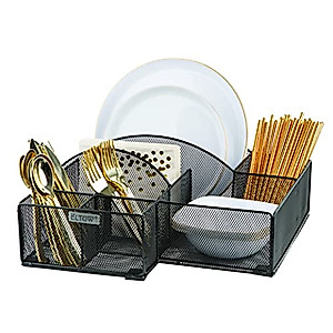 ELTOW Paper Plate holders and Buffet Caddy Large Cutlery holder for party, Fork, Knives, Cups Holder -Sturdy Napkin and Tableware Dispenser -For Home, Restaurant, Office -Utensil Caddy for parties