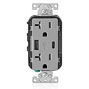 Leviton T5833-GY 20-Amp Type-C USB Charger/Tamper Resistant Receptacle, Gray