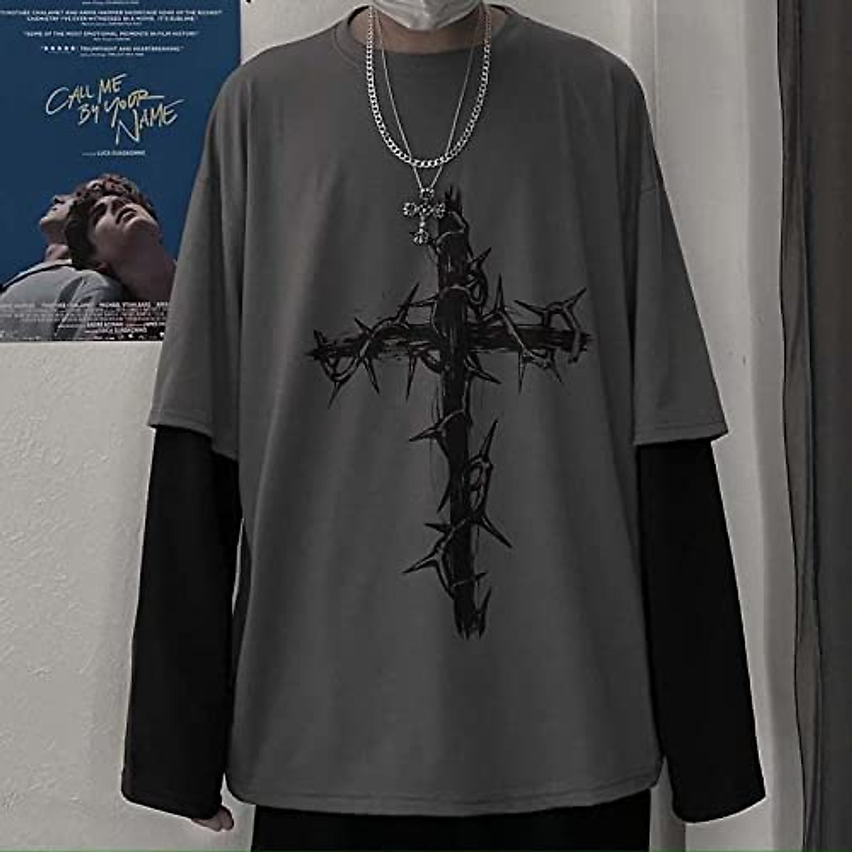 Goth Shirt Gothic Shirt Fake Two-Piece Alternative Clothing Goth Long Sleeve Top Grunge Clothes (Gray,M,Medium)