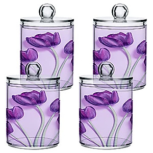 Kigai 2PCS Purple Tulips Qtip Holder Dispenser with Lids - 14 oz Bathroom Storage Organizer Set, Clear Apothecary Jars Food Storage Containers, for Tea, Coffee, Cotton Ball, Floss