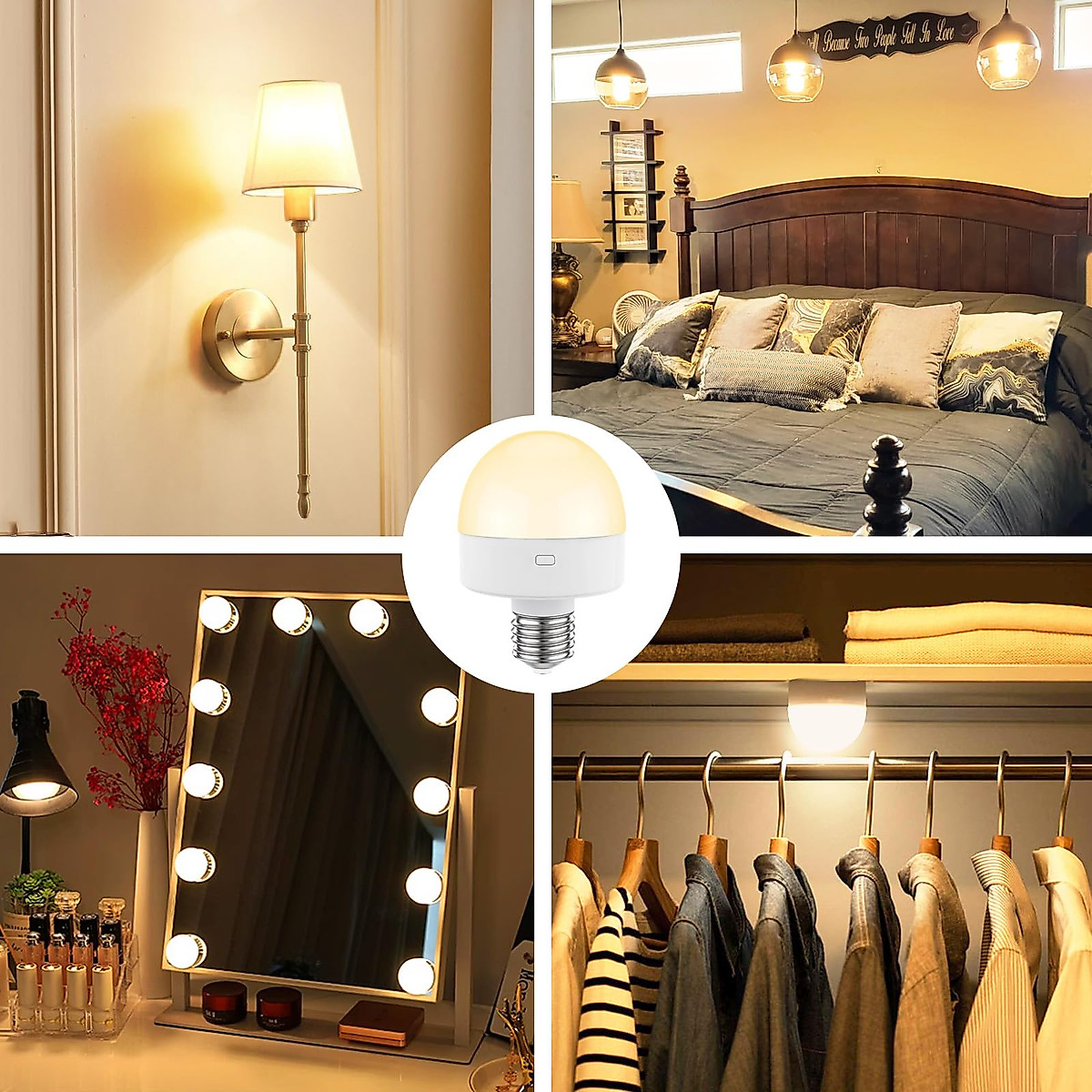 Rechargeable Light Bulbs with Remote,350LM Detachable E26 Battery Operated Light Bulb with Dimmable＆Timer＆15 Colors Selectable,Wireless Puck Emergency Lamp for Wall Sconce,Non-Hardwired,2-Pack