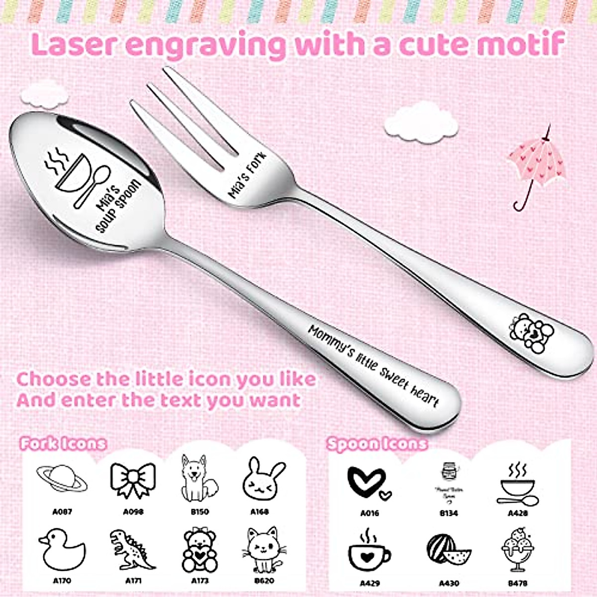 Nibana Custom Toddler Utensils, 2 PCS Personalized Kids Silverware Set, Stainless Steel Toddler Fork and Spoon with Engaved Name Dinosaur Unicorn Bunny, Mirror Polished, Dishwasher Safe
