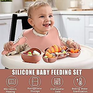 14 Pcs Baby Feeding Set Silicone Baby Led Weaning Feeding Supplies, Suction Bowl Crab Shape Divided Plate Adjustable Bib Soft Spoon Fork Snack Cup with Lid Drinking Cup, Toddlers Self Eating Utensil