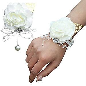 XAN Bridesmaid Wrist Flower Corsage Bride Silk Wrist Flower, with Artificial Pearl Bead Elastic Bracelet Wristband Gold Leaf, Used for Wedding Ball Hand Flower Decoration (Burgundy Combination)
