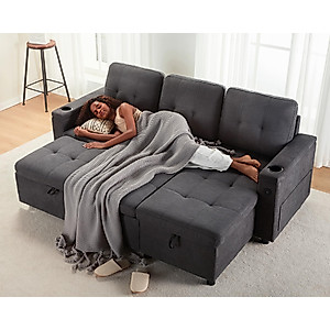 VanAcc Sofa Bed, Sleeper Sofa with USB Charging Ports, L-Shaped Couch with Storage, Pull Out Couch for Living Room, Grey Linen