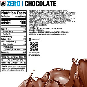 Muscle Milk Zero Protein Shake, Chocolate,20g Protein, Zero Sugar, 100 Calories, Calcium, Vitamins A, C & D, 4g Fiber, Energizing Snack, Workout Recovery, Packaging May Vary,11.16 Fl Oz (Pack of 12)