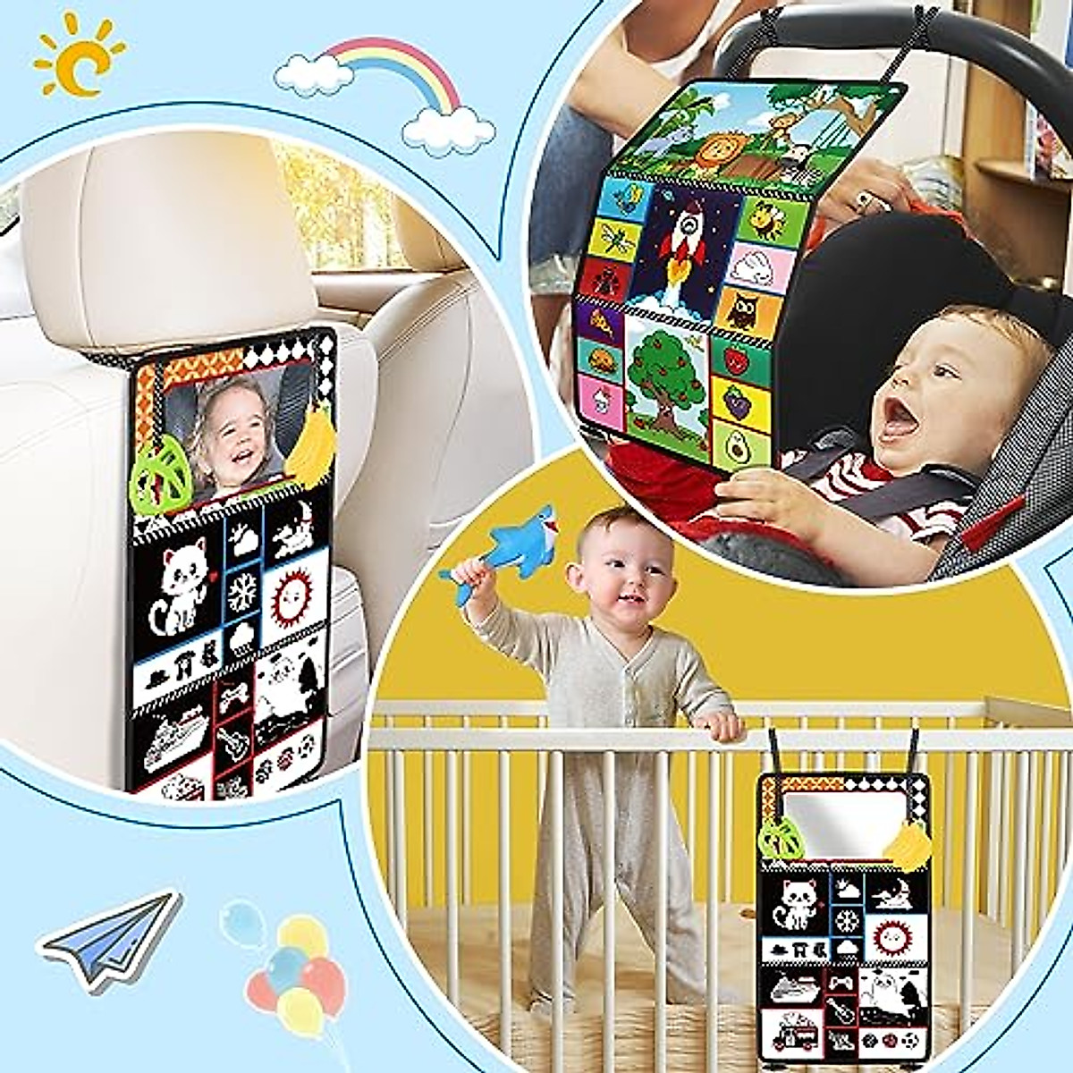 KETIEE Baby Tummy Time Mirror Toys, 3 in 1 Black and White High Contrast Infant Toys with Crinkle Cloth Book, Shark Doll & Teether Newborn Montessori Sensory Toys for Baby Boy Girl 0-3-6-9-12 Months