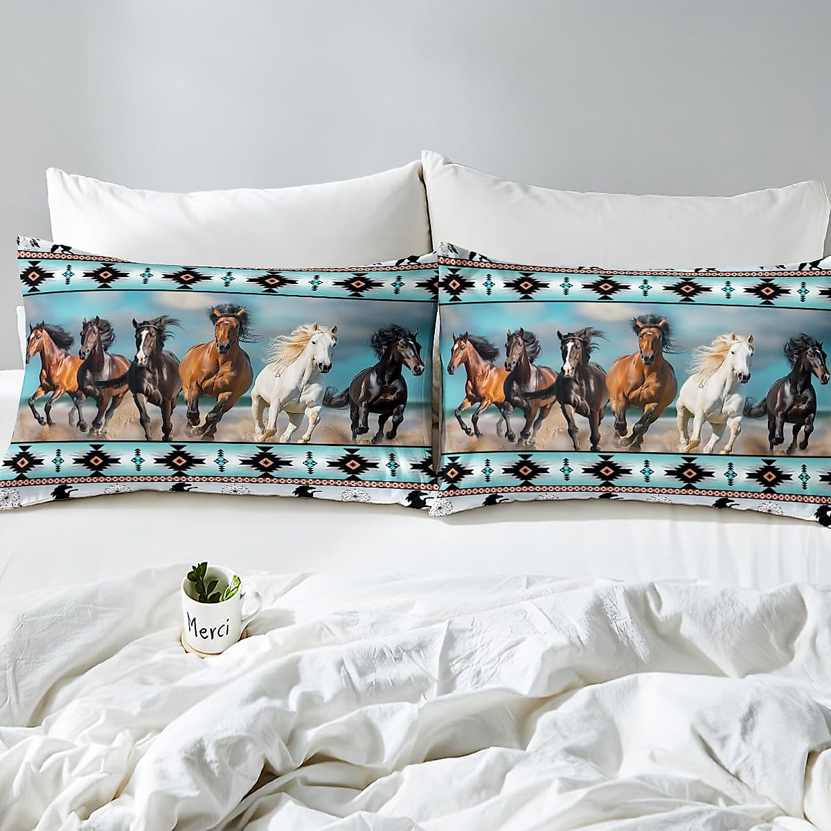 Aztec Duvet Cover African Tribal Horse Printed Bedding Set,Farm Animals Comforter Cover Ethnic Tribe Arrow Dream Catcher Queen Bed Set,Southwest Native Exotic Nordic Style Room Decor