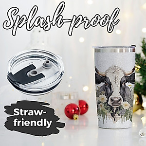 Onebttl Cow Gifts for Women Girls, Watercolor Cow 20oz Vacuum Insulated Stainless Steel Travel Tumbler with Lid, Glitter Silver