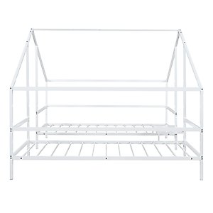 Merax Metal Double Twin Size Triangular House Beds with Built-in Table, White
