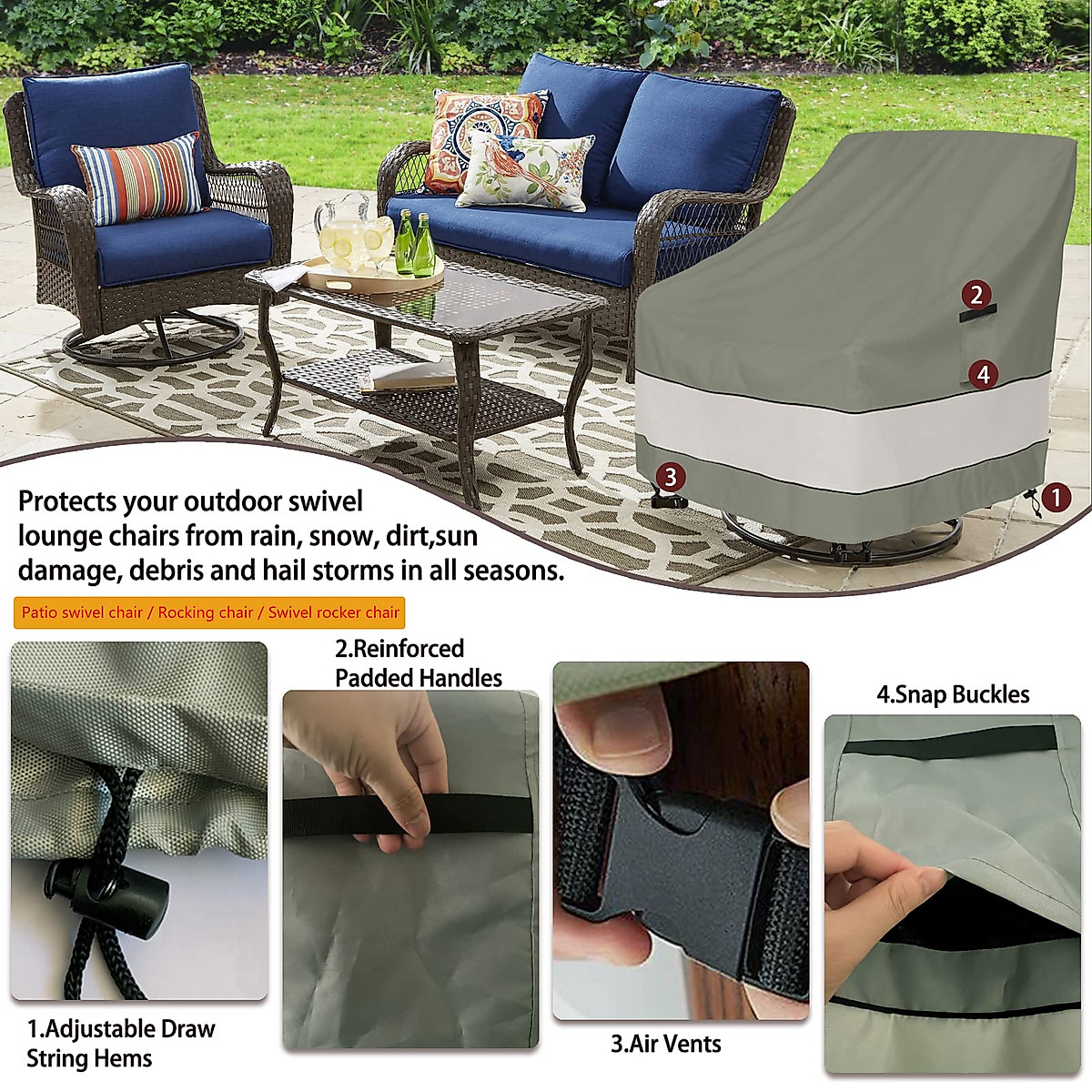 Aacabo Outdoor Swivel Lounge Chair Cover 2 Pack,Waterproof 100% Outdoor Patio Chair Covers,33W x 37 D x 38.5 H inches,Outside Furniture Lounge Deep Seat Cover -Grayish Green