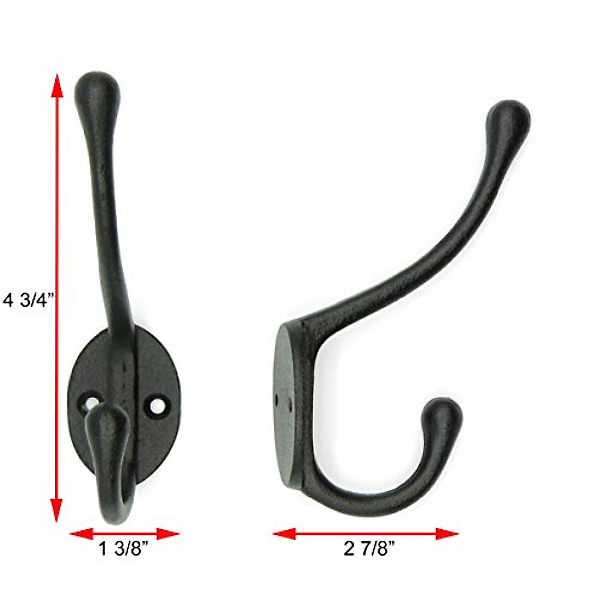 Craftsman Road Vintage Cast Iron Wall Hooks (Black Texture Finish, Set of 4) - Rustic, Farmhouse Coat Hooks | Great for Coats, Bags, Towels, Hats | Classic Slender