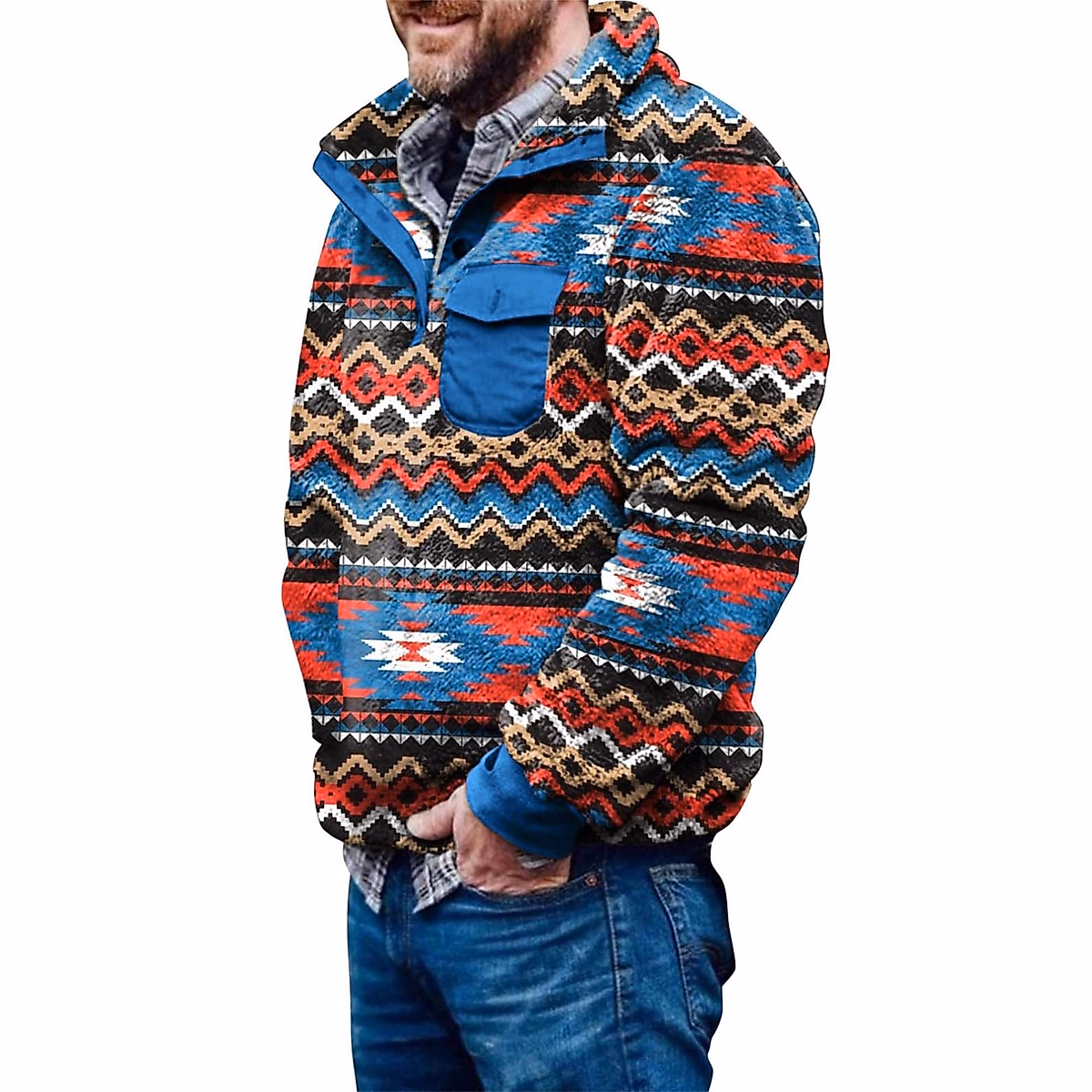 Beotyshow Mens Aztec Fleece Jackets Fuzzy Sherpa Sweatshirts Button down Pullover Coats Western Vintage Sweaters with Pocket