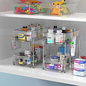 2 Tier Clear Organizer with Dividers, Multi-Purpose Pull Out Storage Container with Hanging Cups, Clear Under Sink Organizers, Bathroom Kitchen Pantry Storage, Medicine Cabinet Organizer(2 SET)