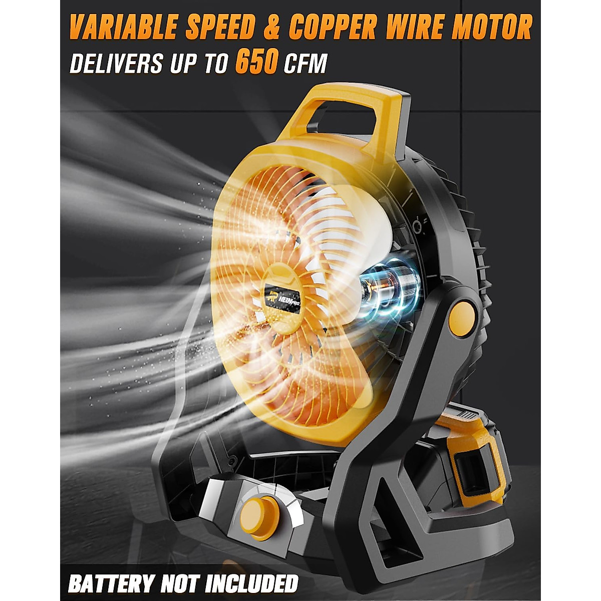 HEINPRO Battery Operated Fan for Dewalt 20V Max Battery with AC Adapter, Up to 650 CFM Portable Fan, Variable Speed Battery Powered Fan Low Noise 30dB Cordless Fan, Jobsite Camping Fan (Only Tool)