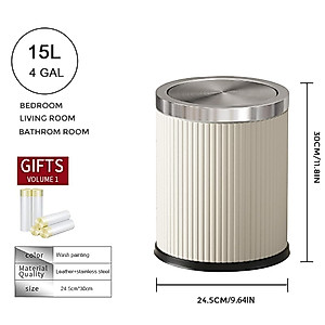 YOJIA 15L/4Gal Creative Leather Shake Lid Garbage Can,Swing Lid Trash Can Sliver,White Waste Basket for Bathroom, Living Room,Bedroom,Office,Hotel,Rest Room,Dorm,RV(15L Elegant White)