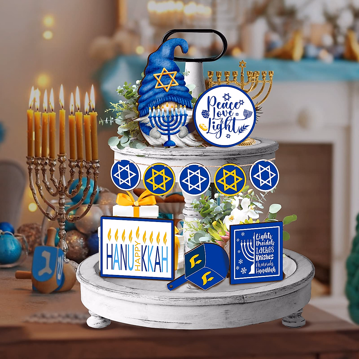10 Pieces Happy Hanukkah Tiered Tray Decor-Hanukkah Wood Signs Decor with Star of David, Hanukkah Gnome, Mini Menorah, Hanukkah Party Wooden Decor for Hanukkah Farmhouse Home Table Decor