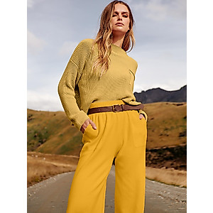 ANRABESS Women's Two Piece Outfits Long Sleeve Knit Top Fall Sweater Set Oversized Pants Tracksuit Lounge Sets Yellow Medium