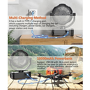 HonHey Portable Battery Operated Fan Camping Essentials, 10000mAh Rechargeable Fan with oscillation LED Light, 9 inch Outdoor Fan with Remote 270° Rotation 4 Speeds Personal Fan for Tent Picnic Travel