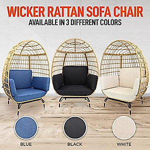 Wicker Rattan Egg Chair, Indoor Outdoor Black Sofa Chair for Patio Backyard and Living Room with 4 Cushions and Powder Coated Steel Frame, Woven Texture Contemporary Ribbed Back Design