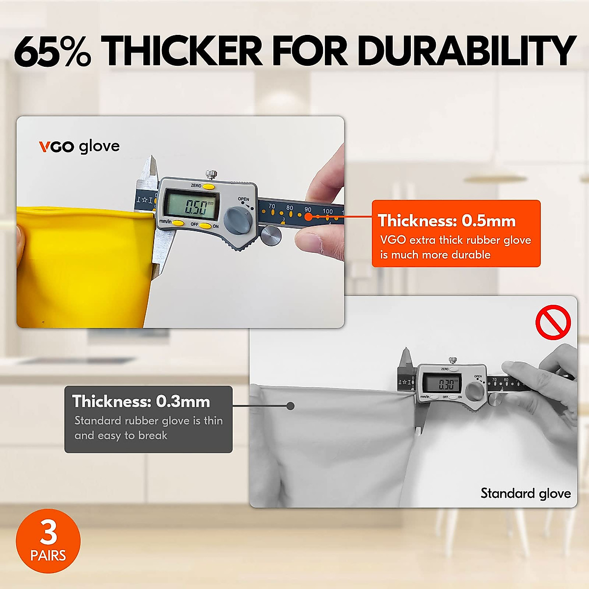 Vgo... 3-Pairs Reusable Household Gloves, Rubber Dishwashing gloves, Extra Thickness, Long Sleeves, Kitchen Cleaning, Working, Painting, Gardening, Pet Care (Size M, Yellow, HH4601)